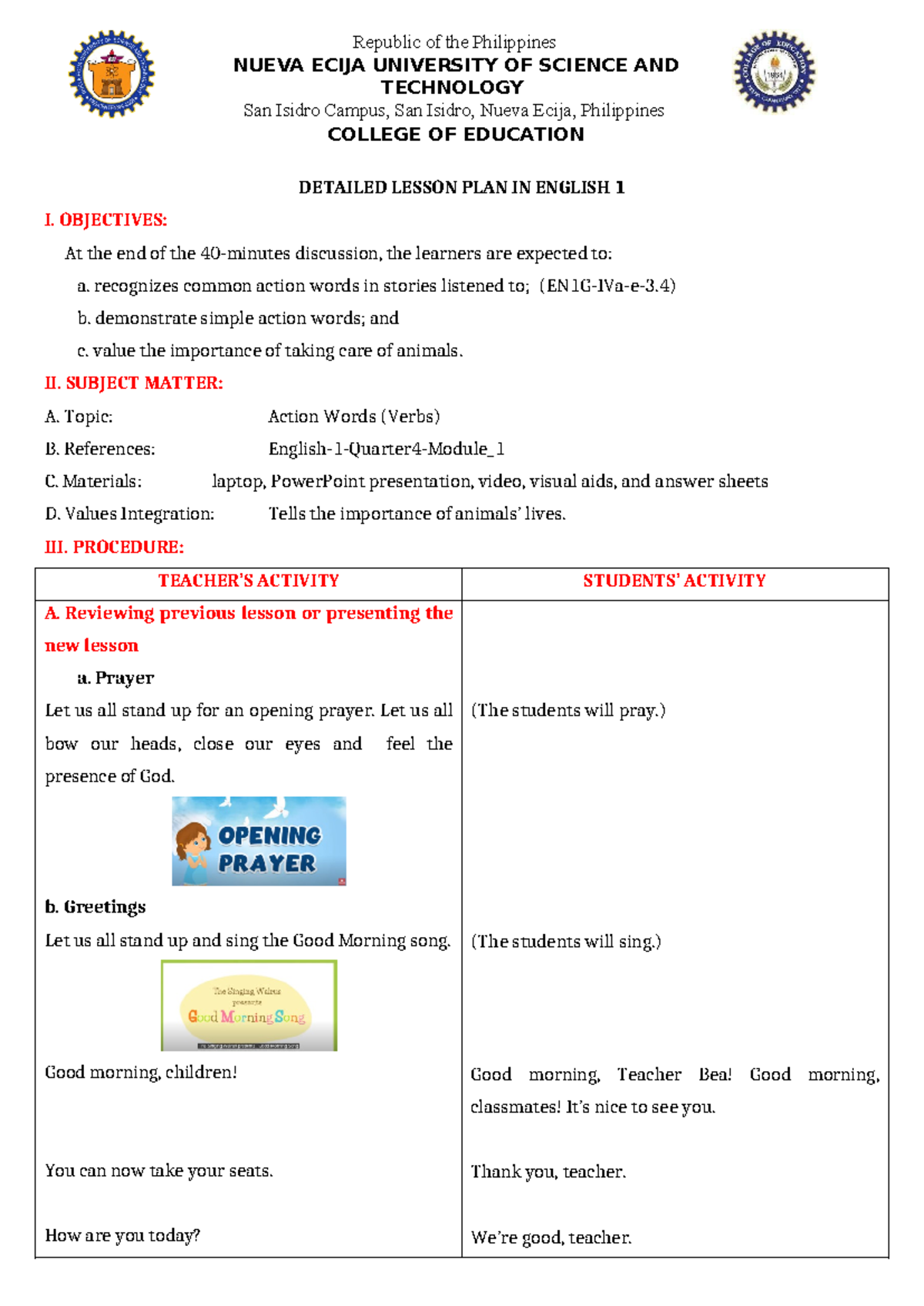 Detailed Action Words Lesson Plan for English 1 - Final Demo - Studocu