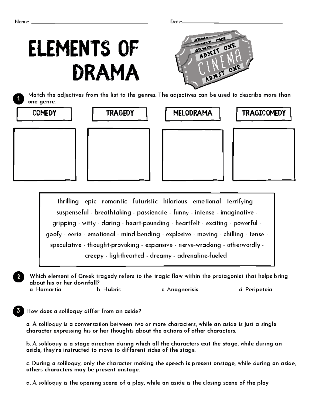 Elements of Drama Worksheet - Comedy, Tragedy & Beyond - Studocu