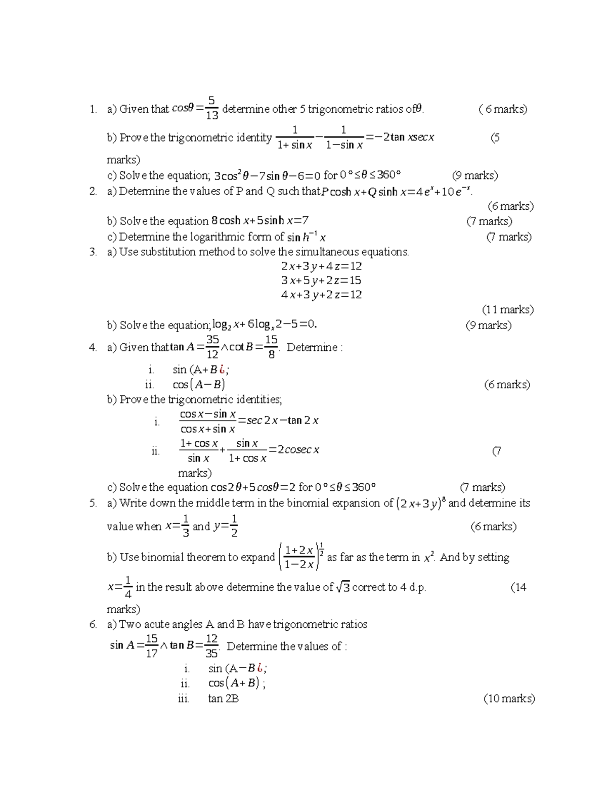 MATHEMATICS TEST: Trigonometric Ratios & Identities (5 Marks) - Studocu