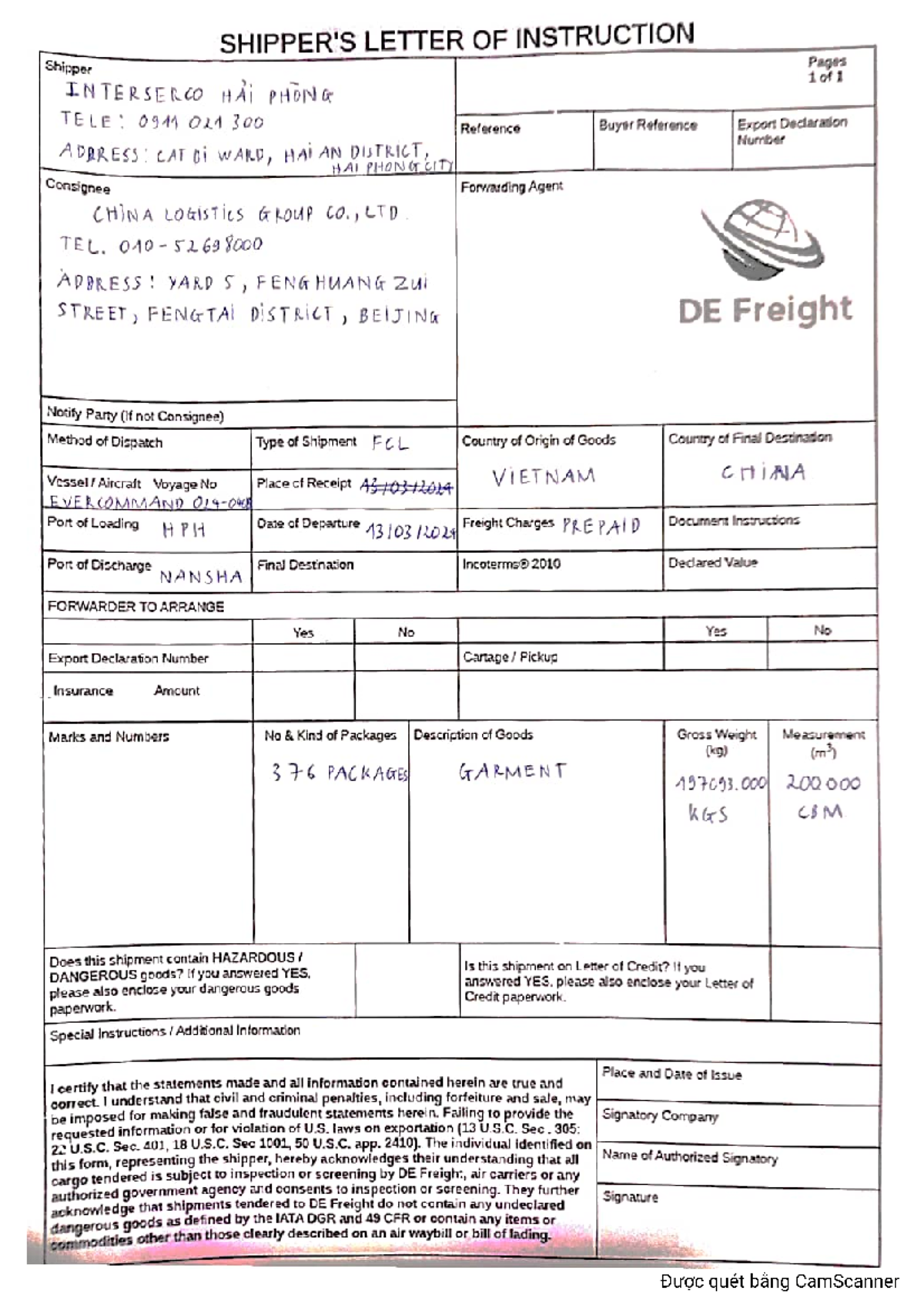 Nông Đức Tùng SI - Freight Instructions for Shipping Documentation ...