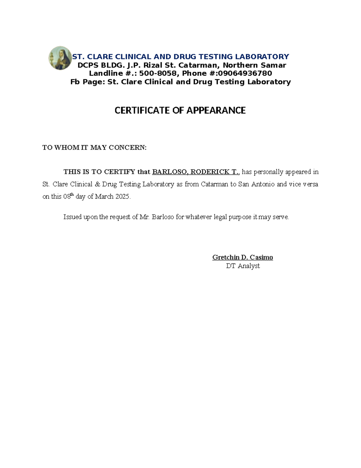Certificate of Appearance for Drug Testing - Roderick T. Barloso - Studocu