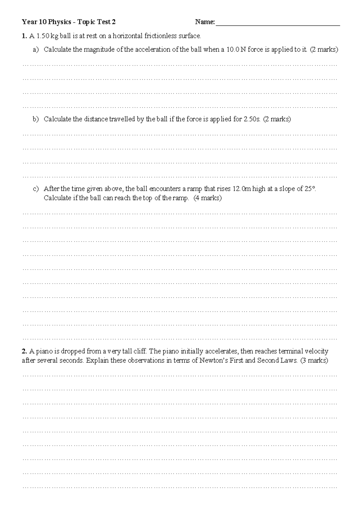 Physics - Topic Test 2 - Easy Practice - Year 10 Physics - Topic Test 2 ...