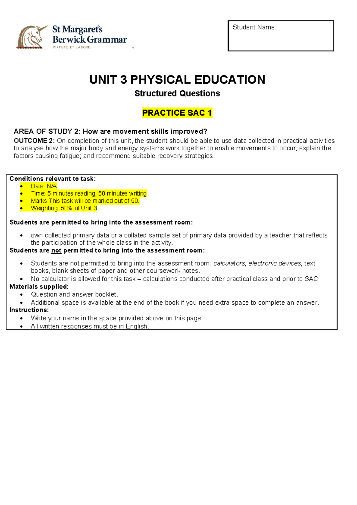 U3 AOS2 Practice SAC: Improving Movement Skills & Recovery Strategies ...