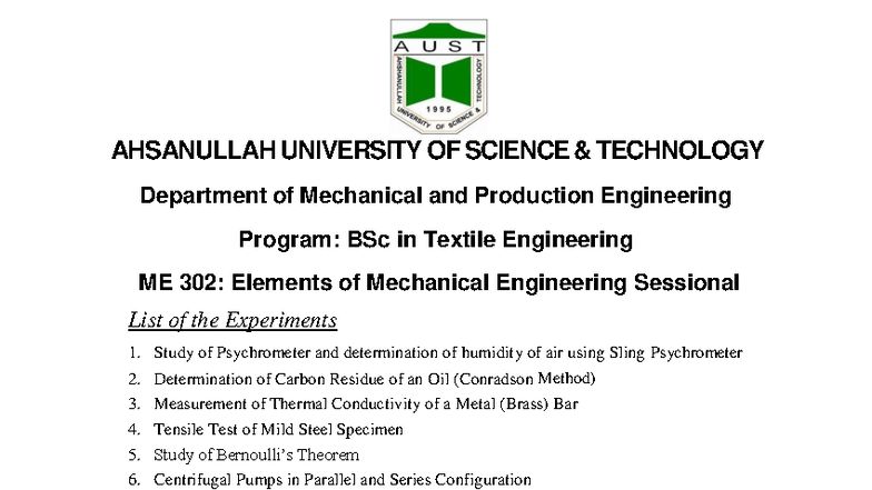 ME 302: Elements of Mechanical Engineering Sessional Lab Experiments ...
