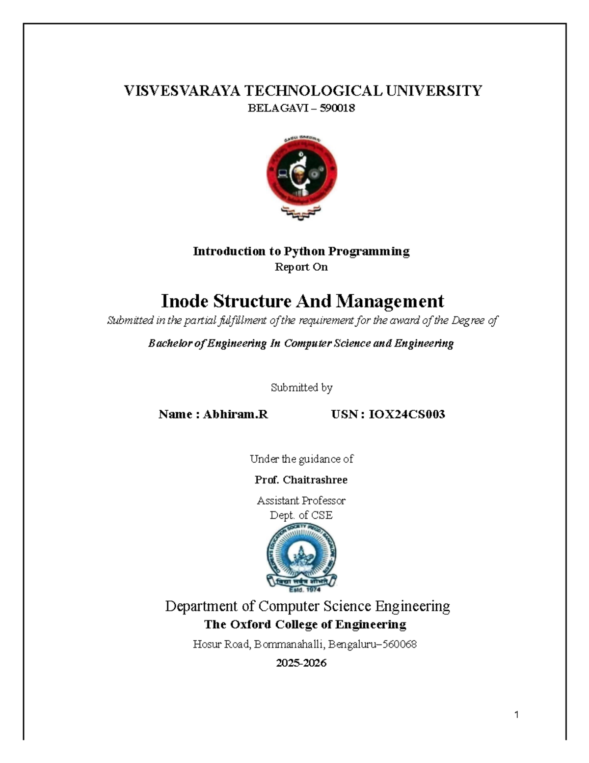 VTU BE CSE Report: Inode Structure & Management in Python Programming ...