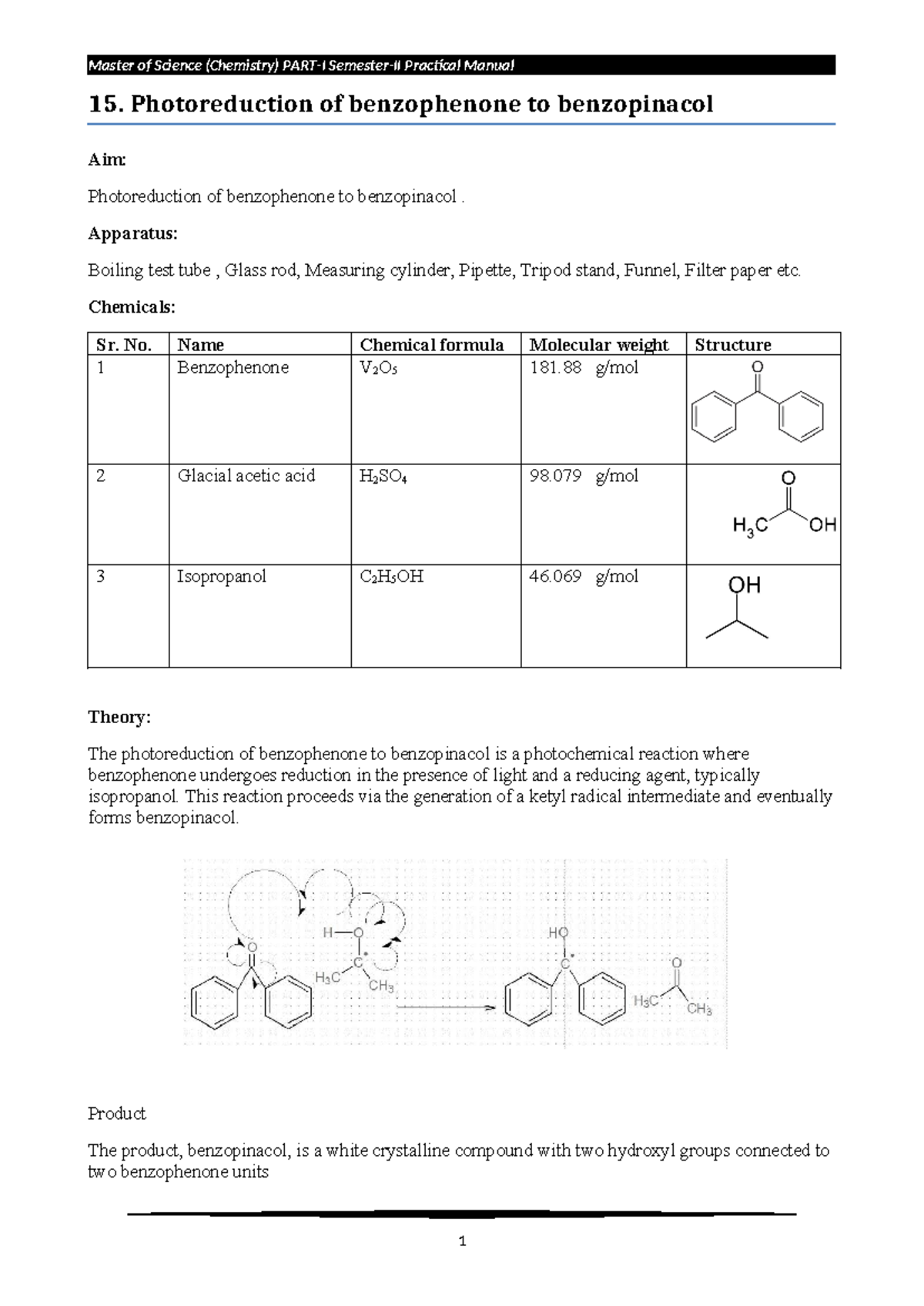 Photoreduction of benzophenone to benzopinacol - Master of Science ...