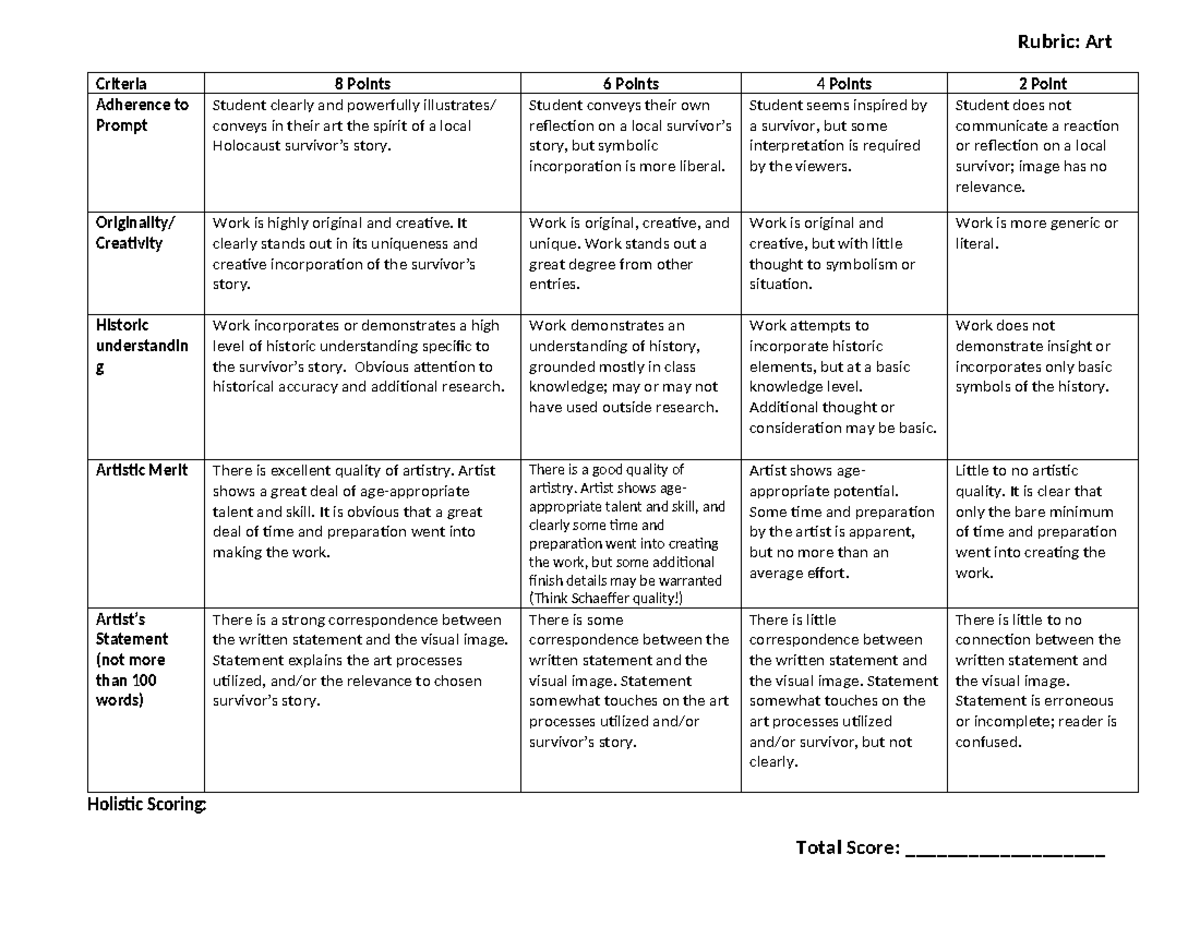 Art Rubric 26 - Holocaust Story Criteria Evaluation - Studocu