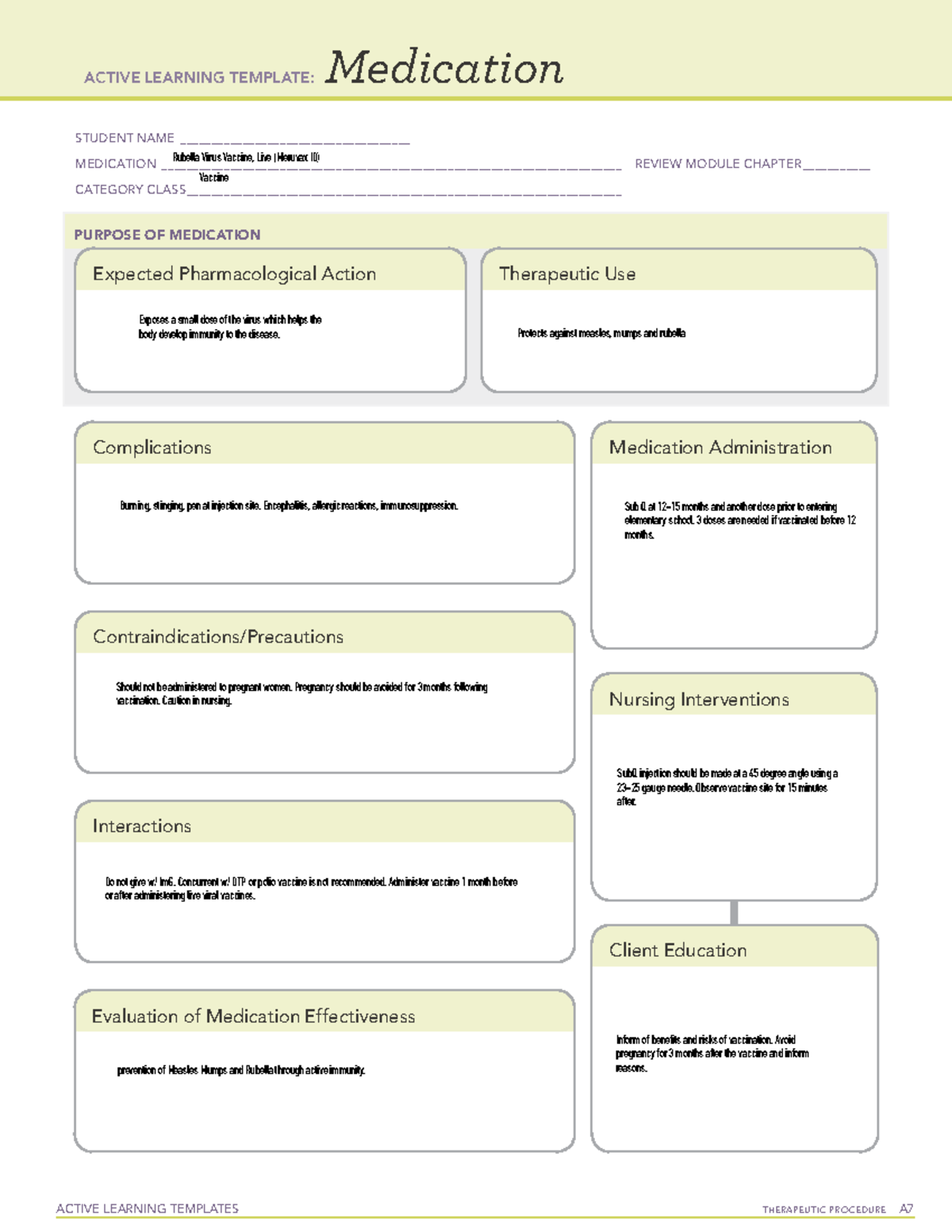 Active Learning Template for Medication: Rubella Virus Vaccine - Studocu