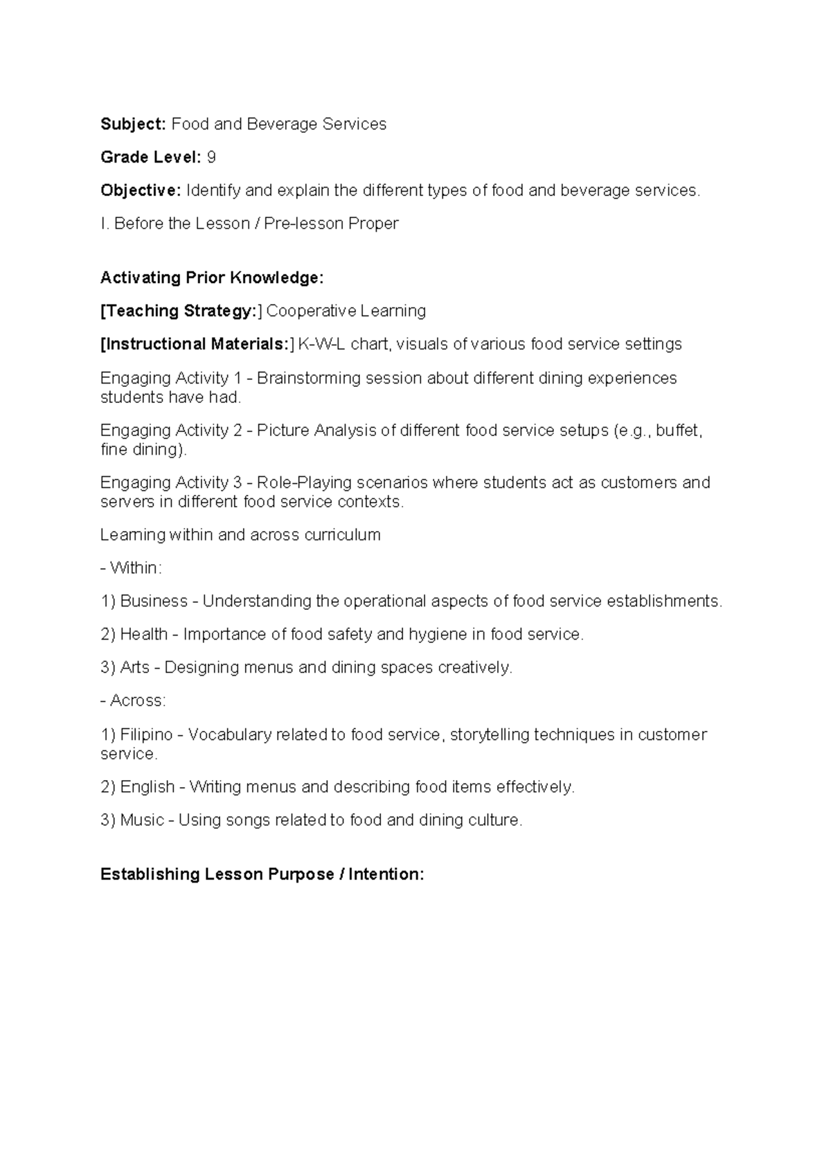 Lesson Plan for Food and Beverage Services (Grade 9) - Studocu