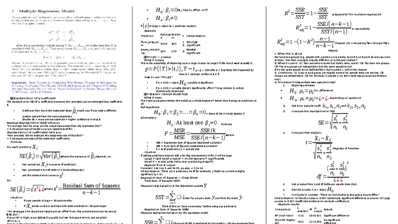 Cheatsheet for Finals: Key Concepts in Regression and Hypothesis ...