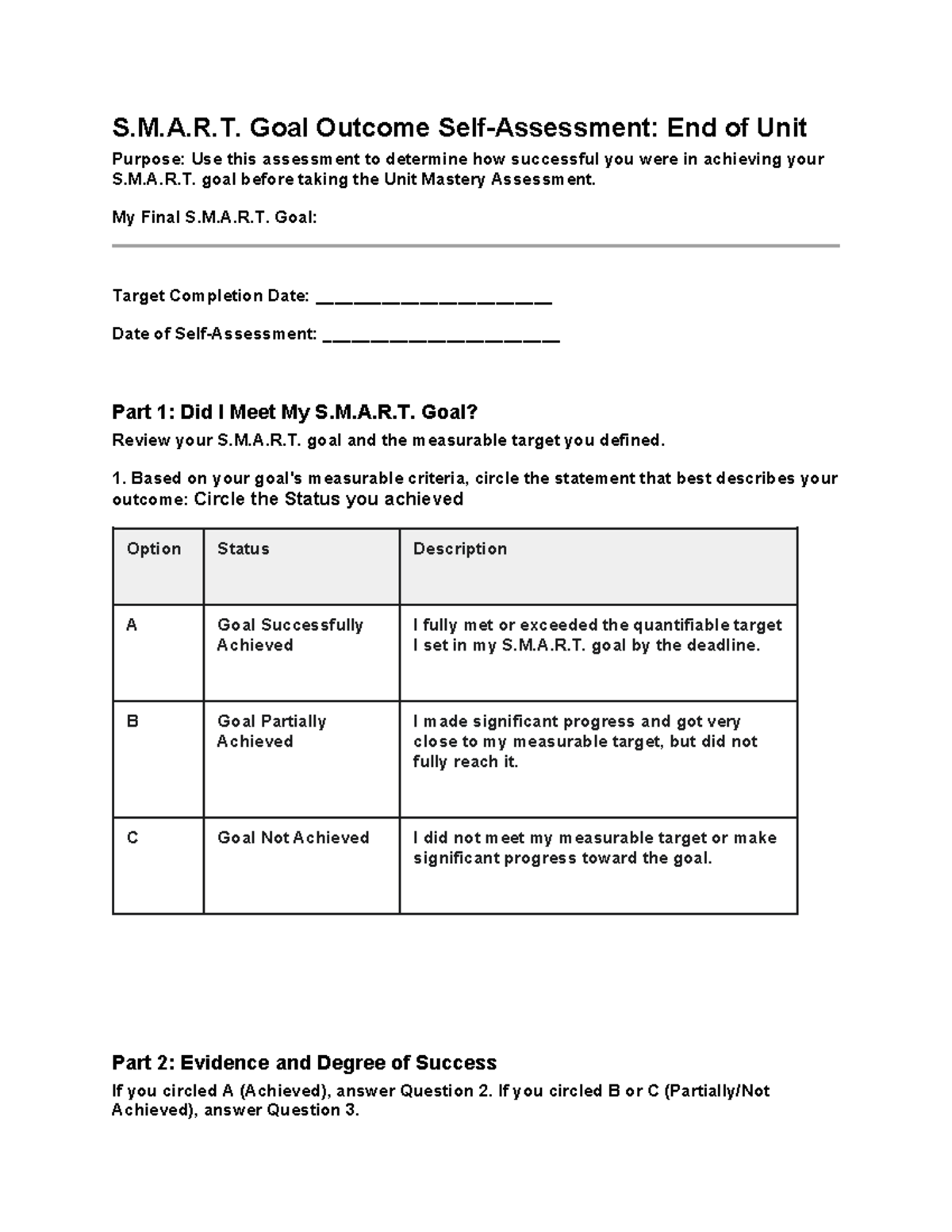 S.M.A.R.T. Goal UNIT Reflection: Assessment of Success - Studocu