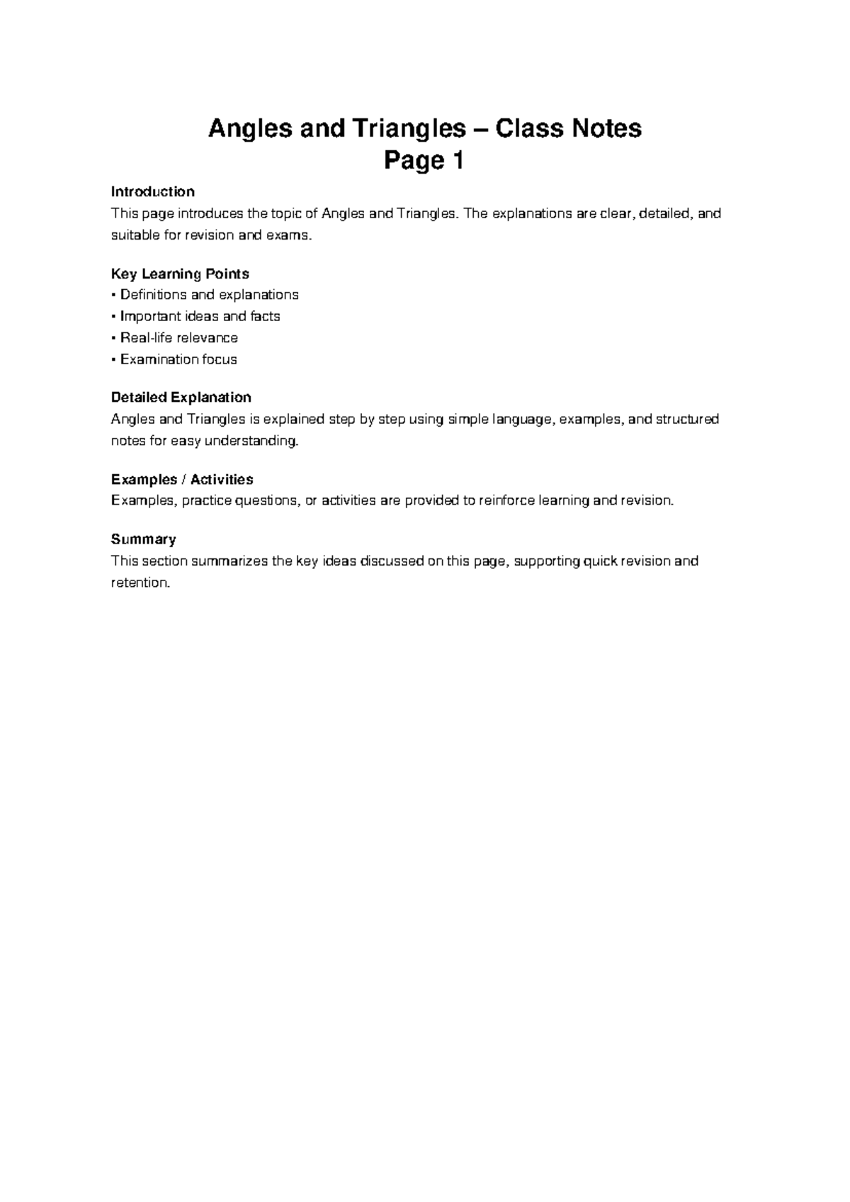 07 Angles and Triangles Class Notes: Key Concepts and Revision - Studocu