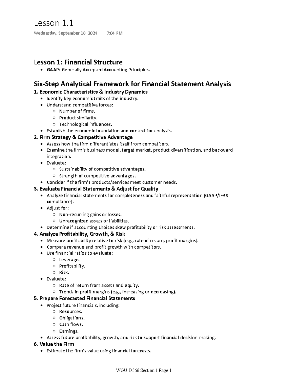 D366 1 - Financial Statement Analysis section 1.1 notes - Lesson 1 ...