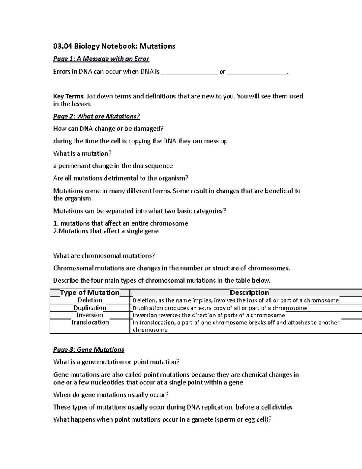 03.04 Biology Notes: Understanding DNA Mutations and Their Impact - Studocu