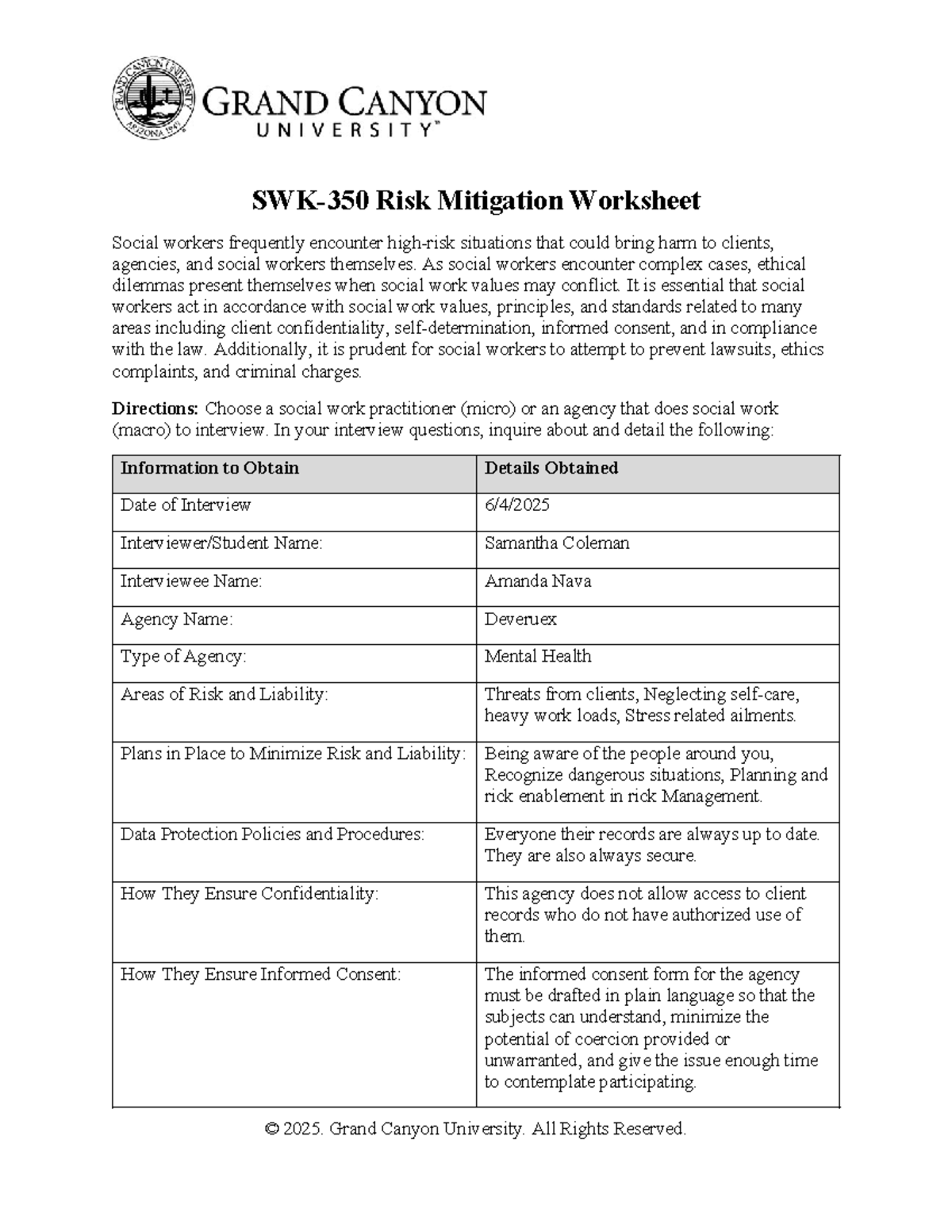 SWK-350 Risk Mitigation Worksheet for Social Work Practice - Studocu
