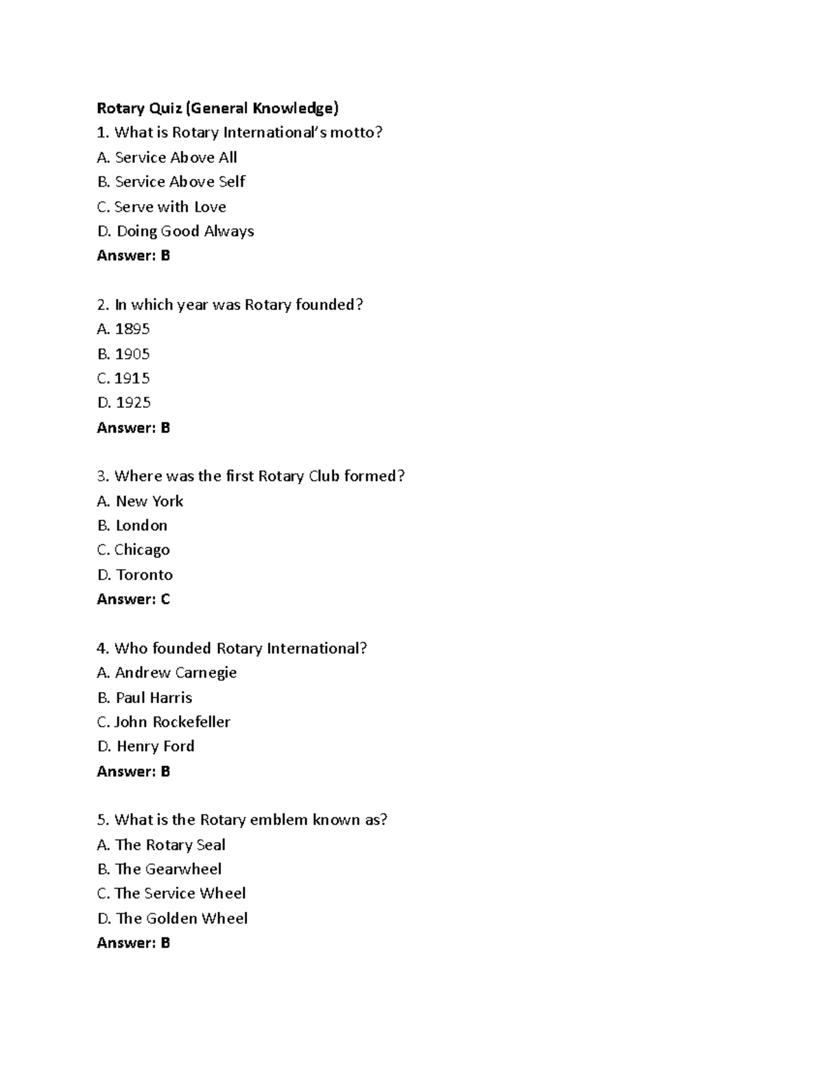 Rotary Quiz (General Knowledge) - Answers & Insights - Studocu