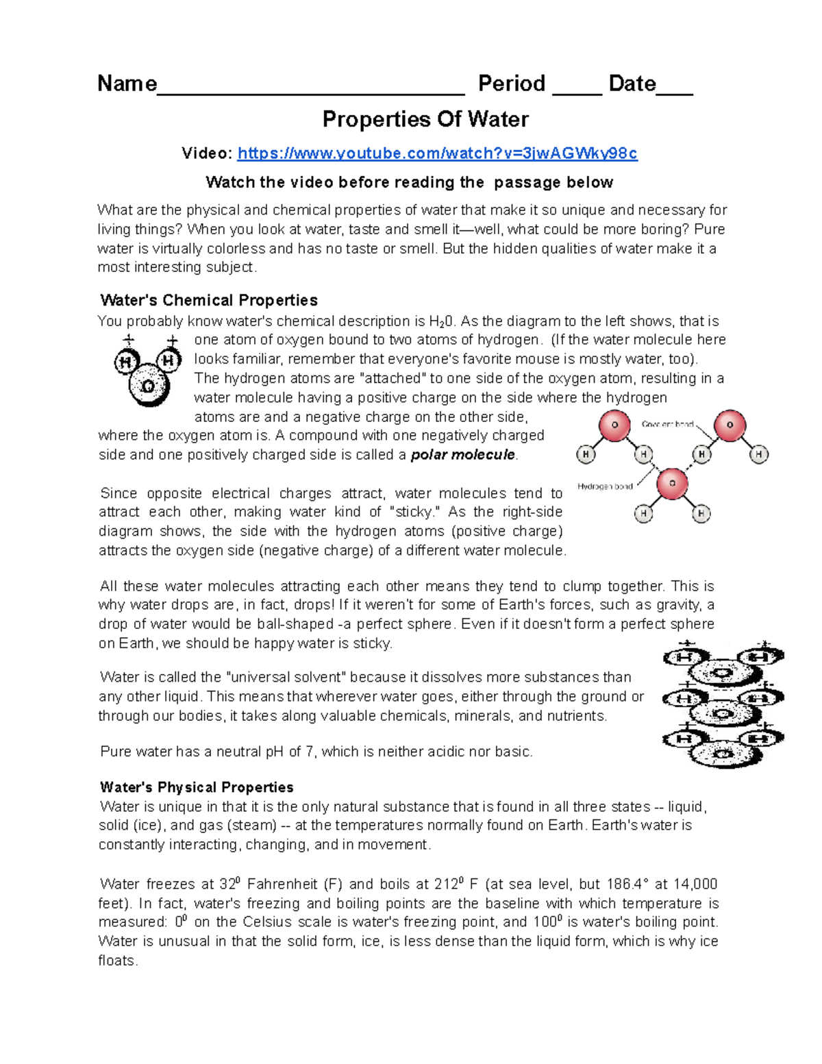 Properties of Water - Reading & Questions 11-22 for Science Class - Studocu