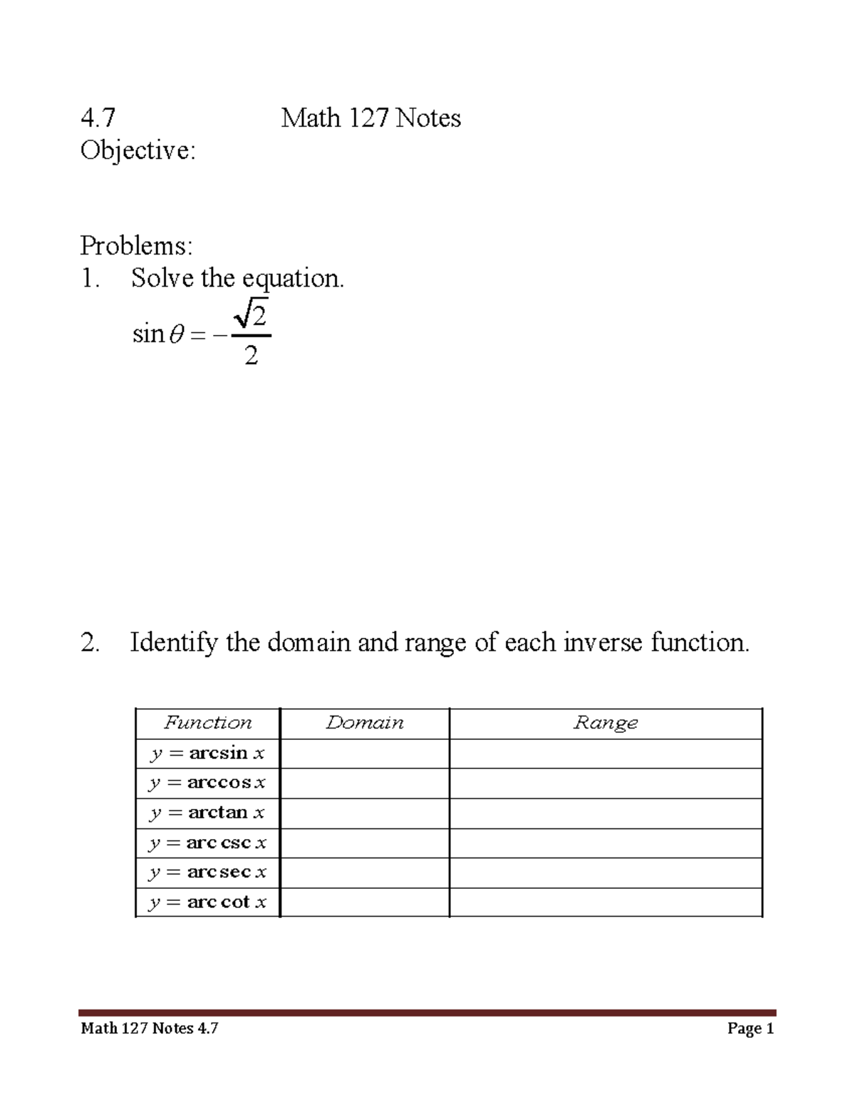 Math 127 Final Exam 4.7 Notes: Equations & Inverse Functions - Studocu