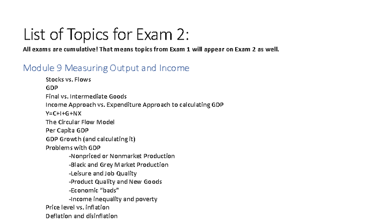 Exam 2 Topics: Cumulative Review of GDP, Inflation, and Money - Studocu