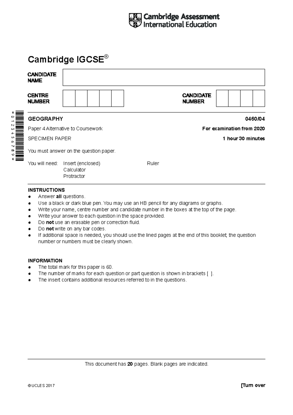Cambridge 2020 Specimen Paper 4: Alternative to Examination - Studocu