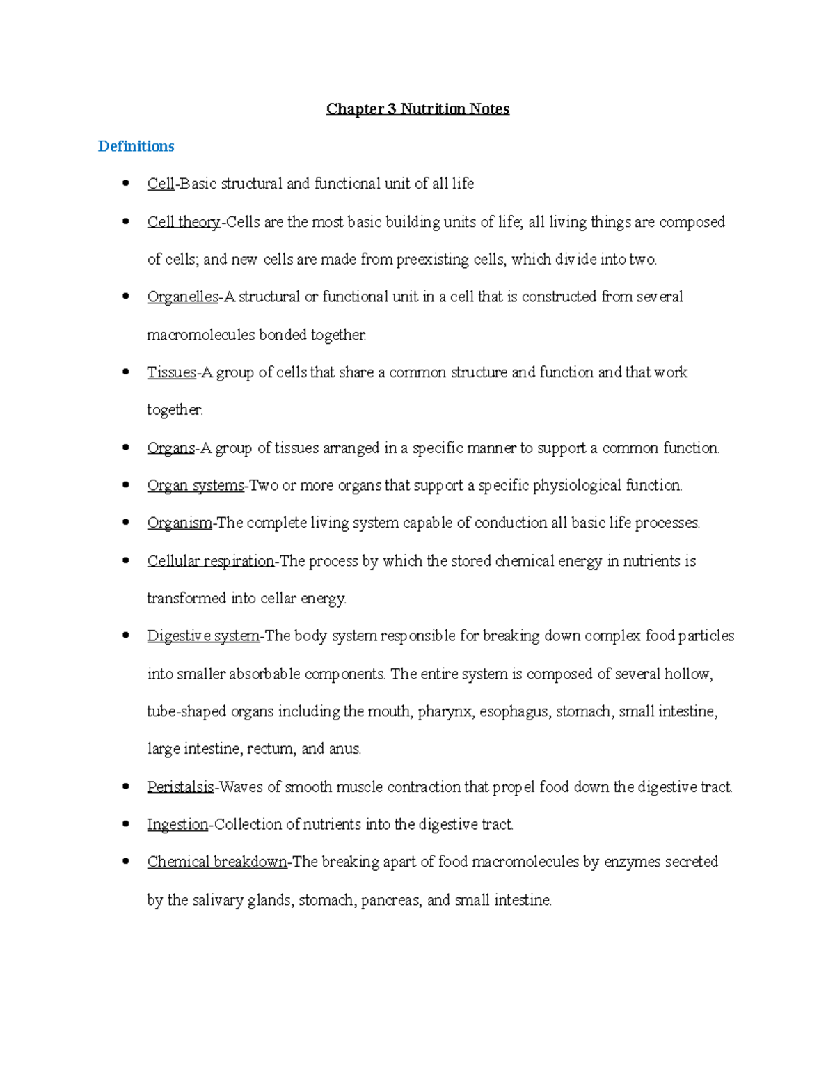 Chapter 3 Nutrition Notes - Chapter 3 Nutrition Notes Definitions Cell ...