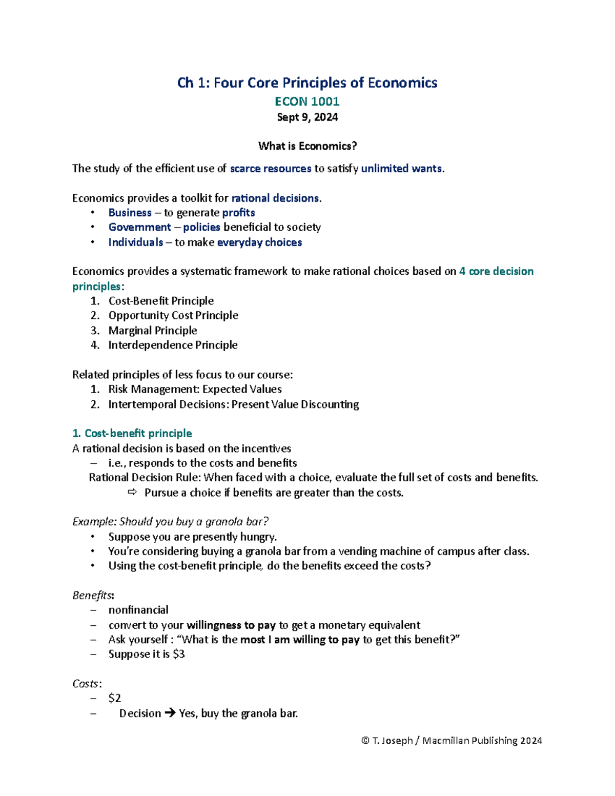Chapters 1-7 ECON 1001 - Midterm Study Notes on Core Economic ...
