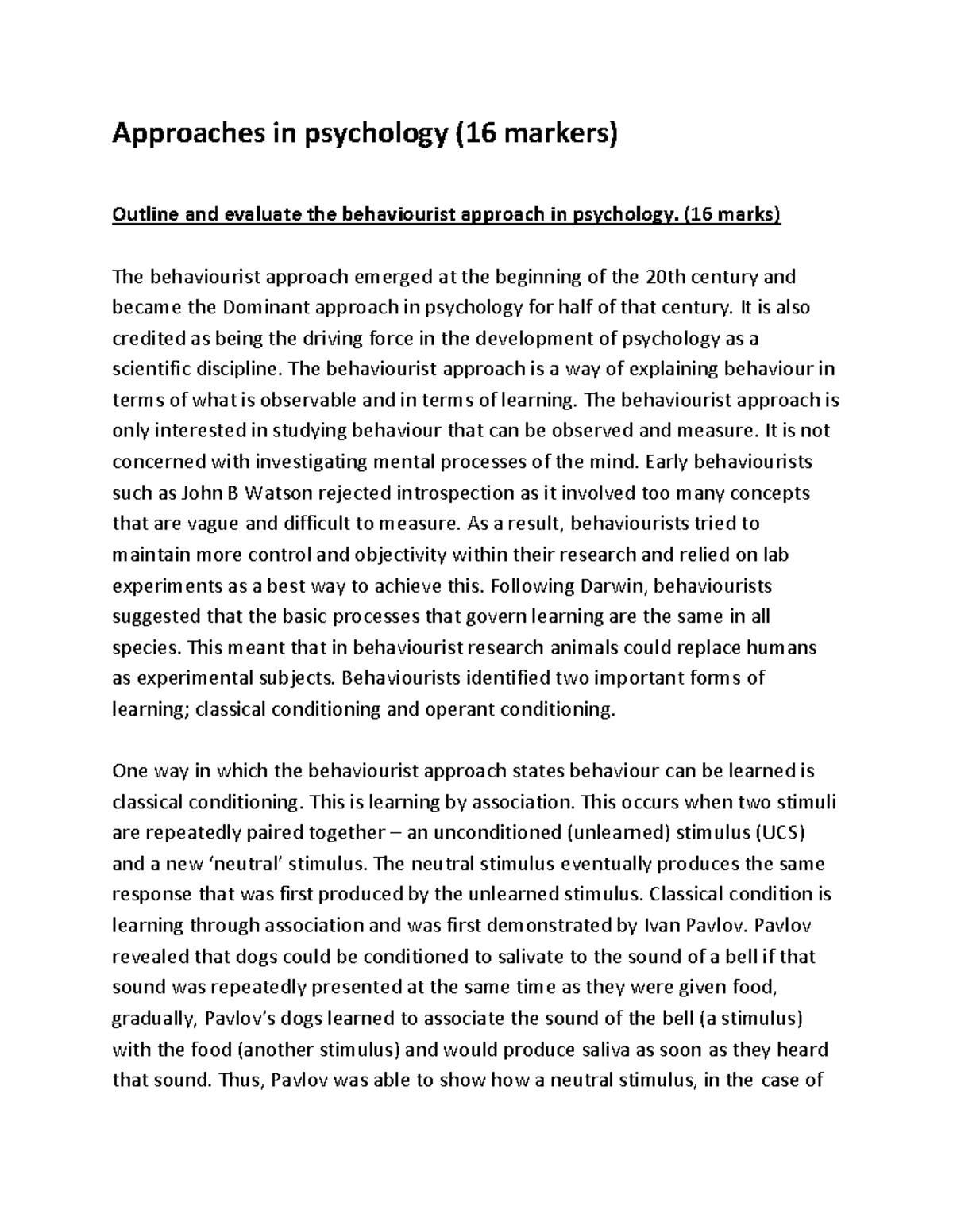 Psychology Approaches: Evaluation of Behaviorism & SLT (16 Marks) - Studocu