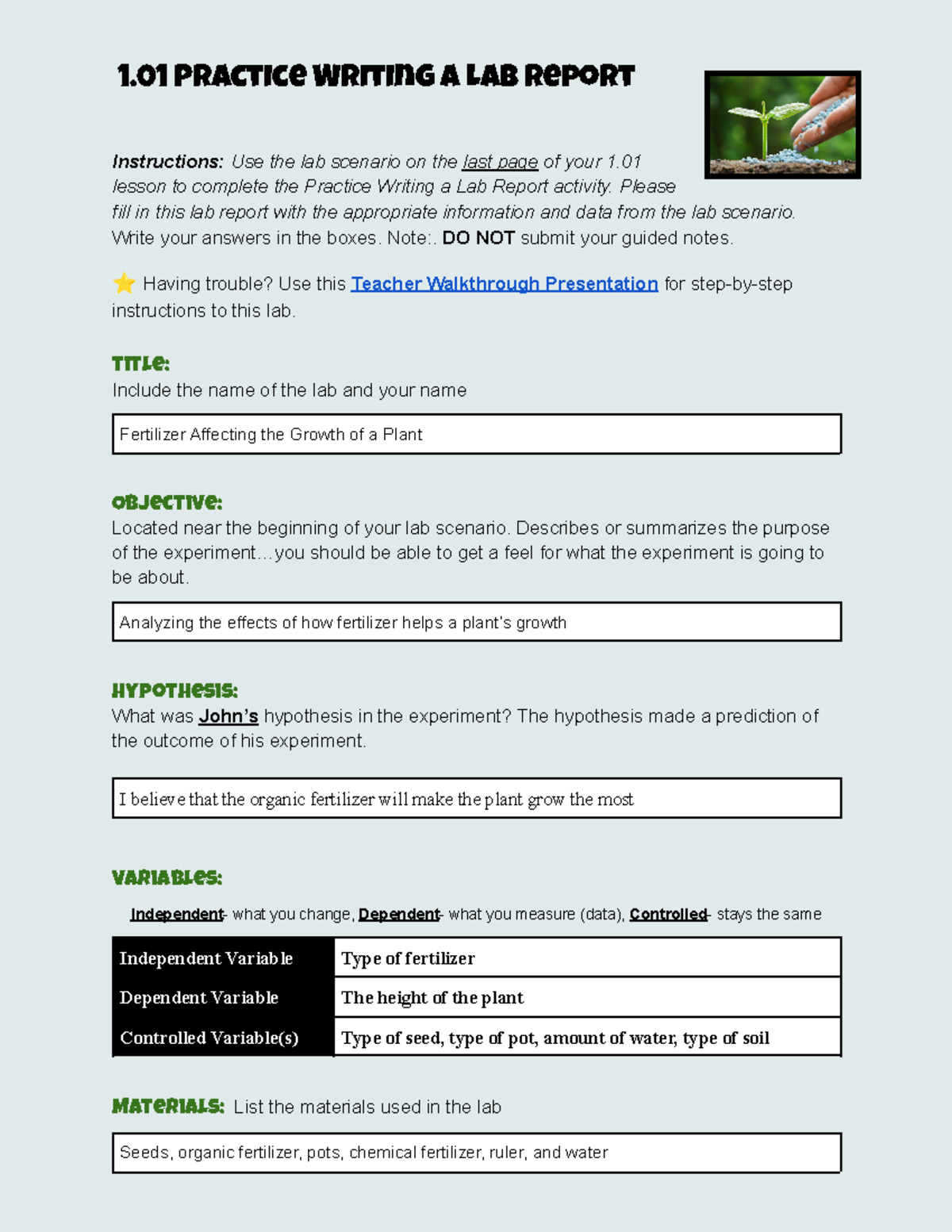 Lab Report: 1.01 Fertilizer Effects on Plant Growth Experiment - Studocu