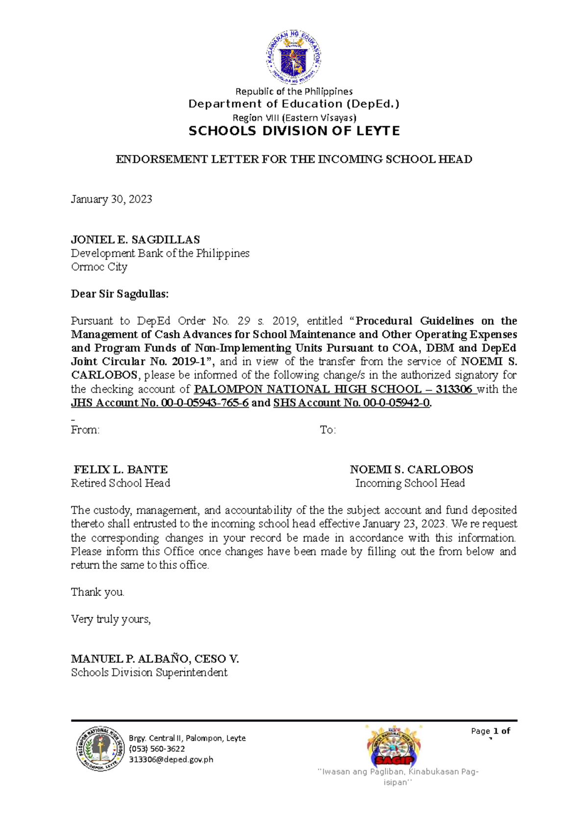 Endorsement Letter for Incoming School Head - DepEd Region VIII - Studocu