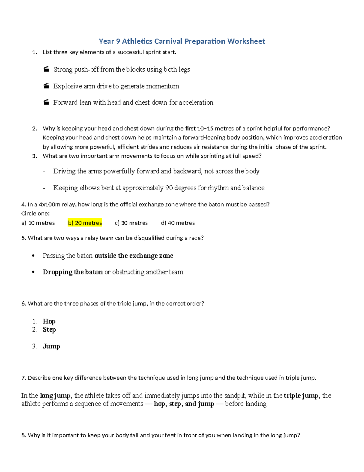 Year 9 Athletics Carnival Prep Worksheet: Key Techniques & Rules - Studocu