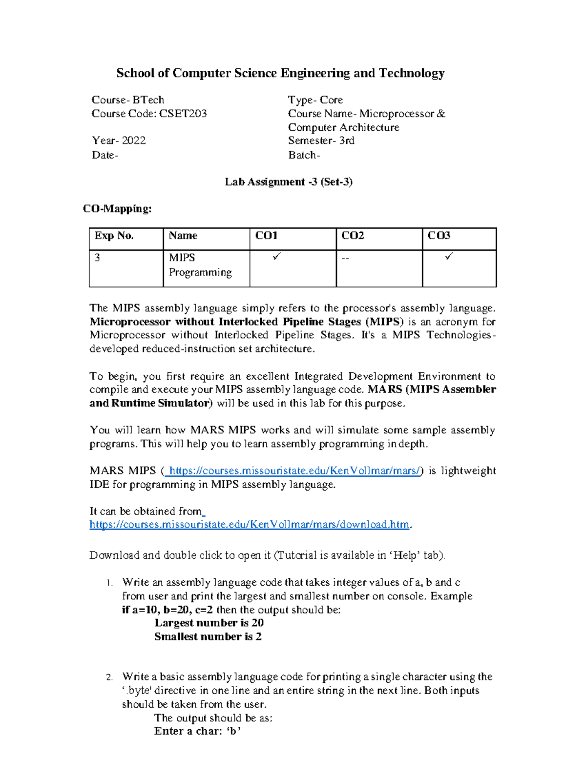 CSET203 Lab Assignment: MIPS Programming Basics and Examples - Studocu