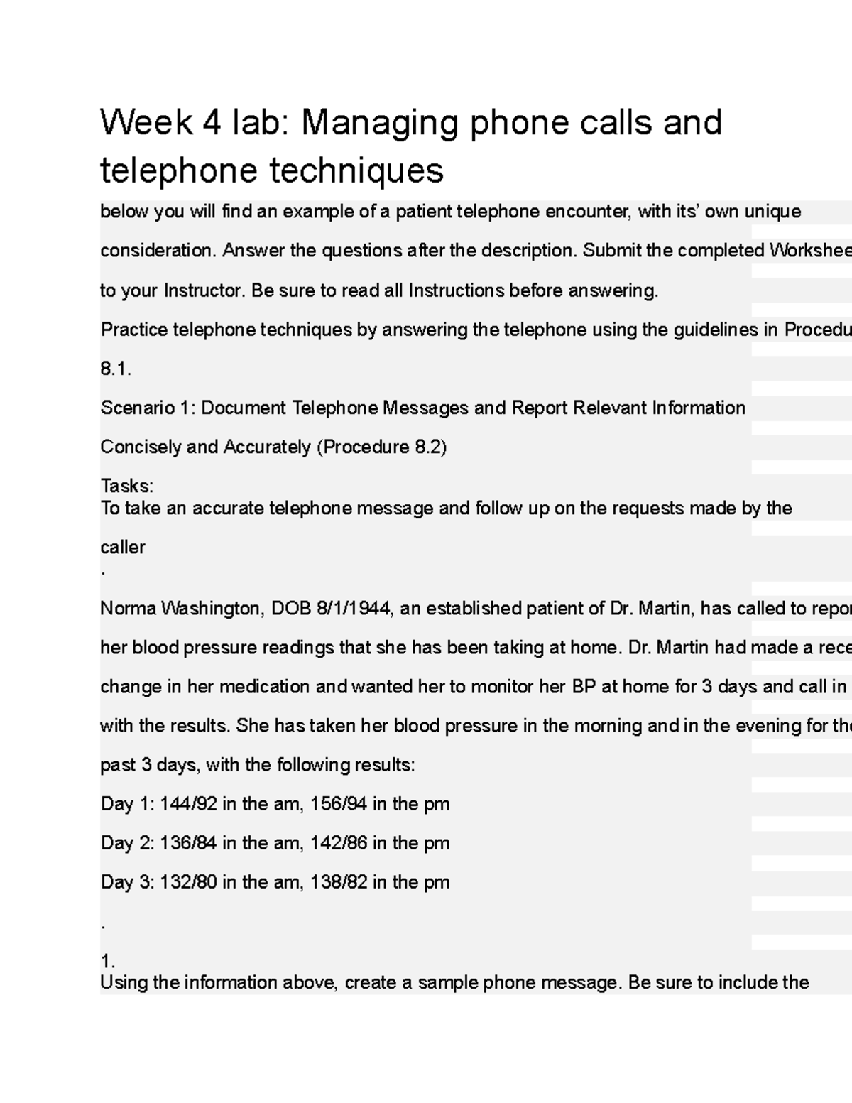 Week 4 Lab: Patient Phone Call Management Techniques (Procedure 8.1 ...