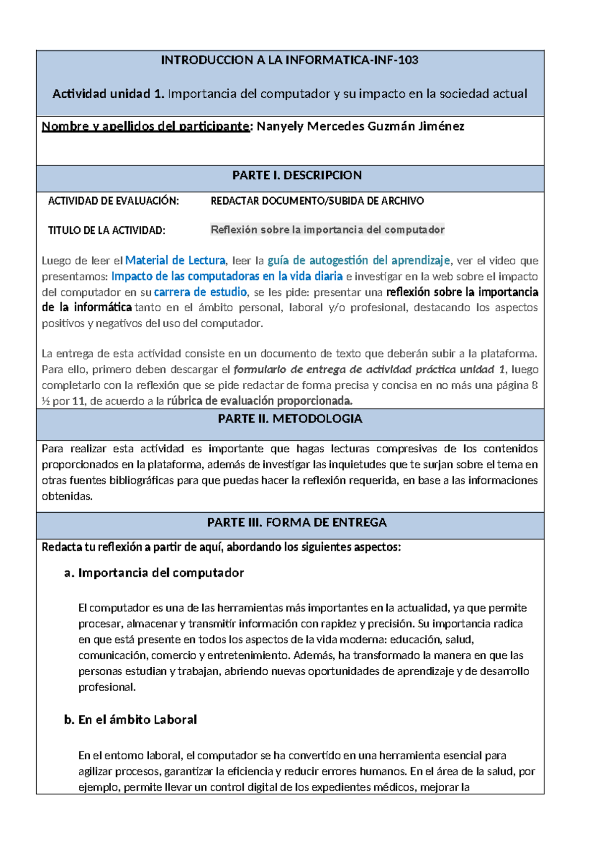 Reflexión sobre la Importancia del Computador en la Unidad 1 de ...