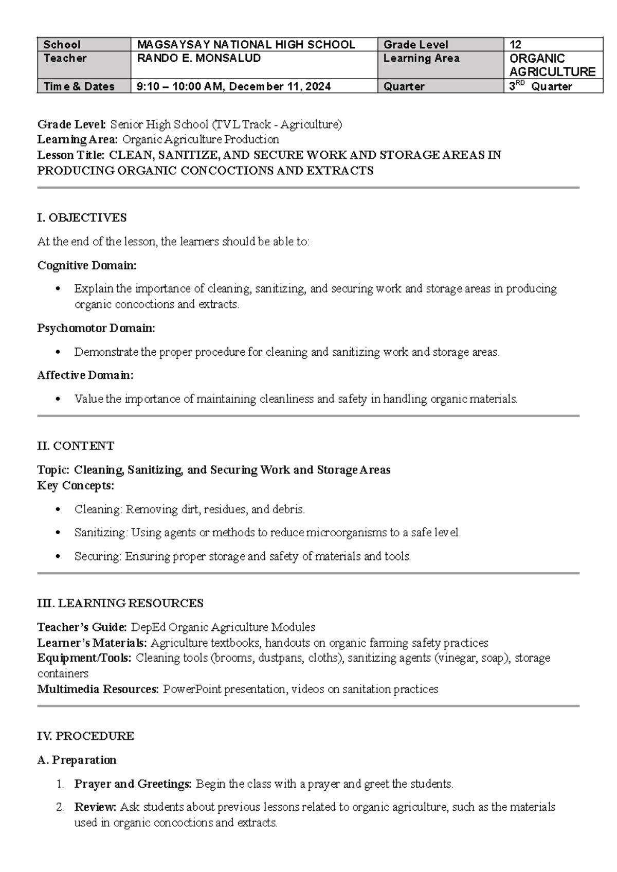 LESSON PLAN: CLEANING & SANITIZING IN ORGANIC AGRICULTURE (TVL) - Studocu