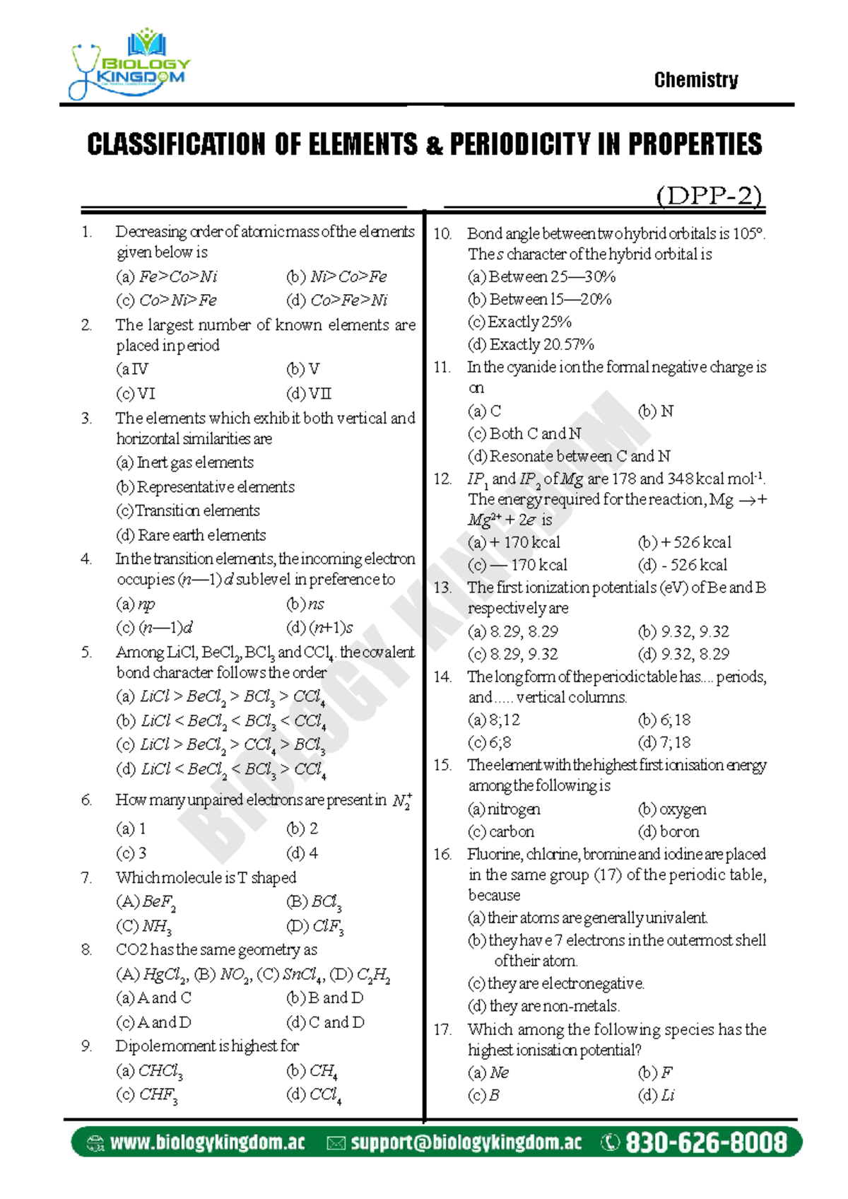 Chemistry DPP 2: Classification of Elements & Periodicity in Properties ...