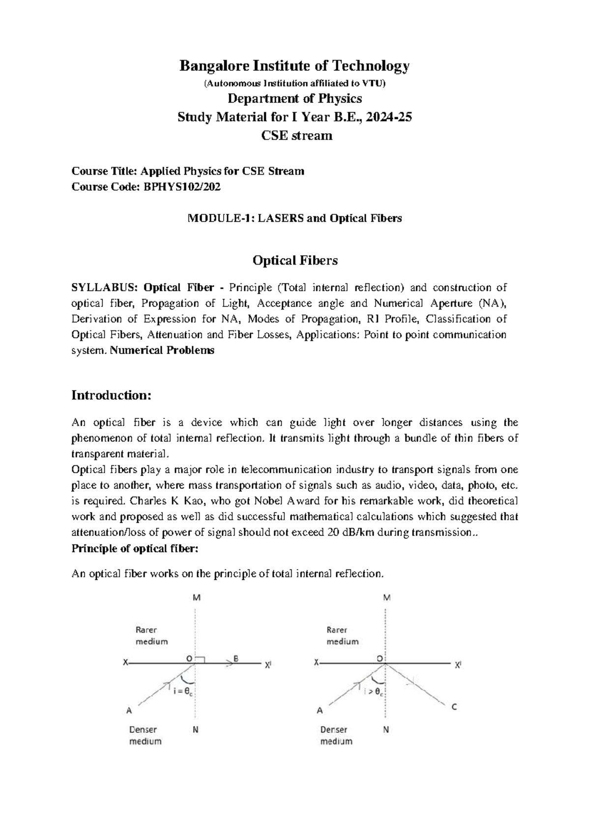 Optical Fibers Study Material for CSE - Module 1 (Course Code: LASERS ...
