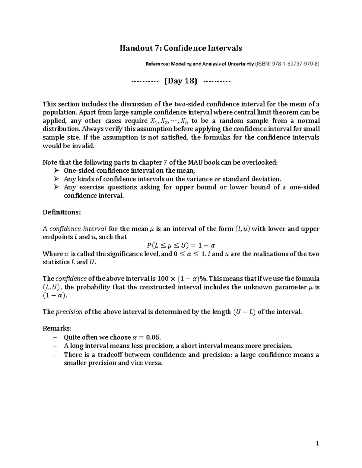 Handout 7 Confidence intervals - Handout 7 : Confidence Intervals Reference: Modeling and ...