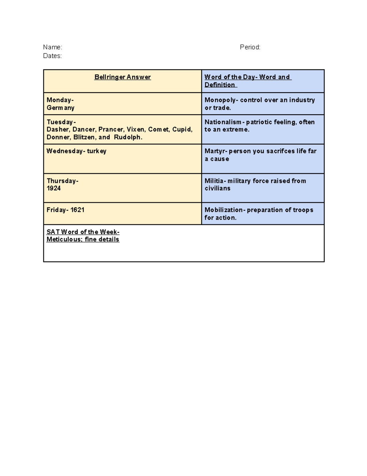 Bellringer and Word of the Day - Name: Period: Dates: Bellringer Answer ...