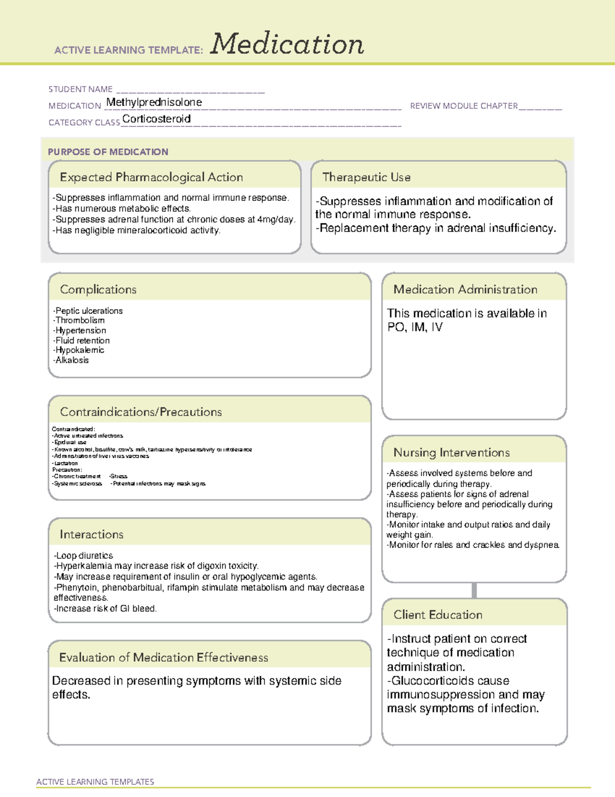 ATI Medication Template: Methylprednisolone - Active Learning Notes ...