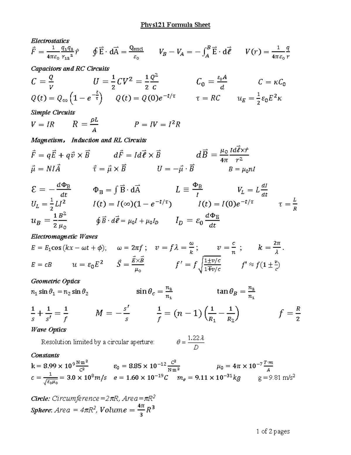 Phys121 Final Exam Formula Sheet: Key Concepts & Equations - Studocu