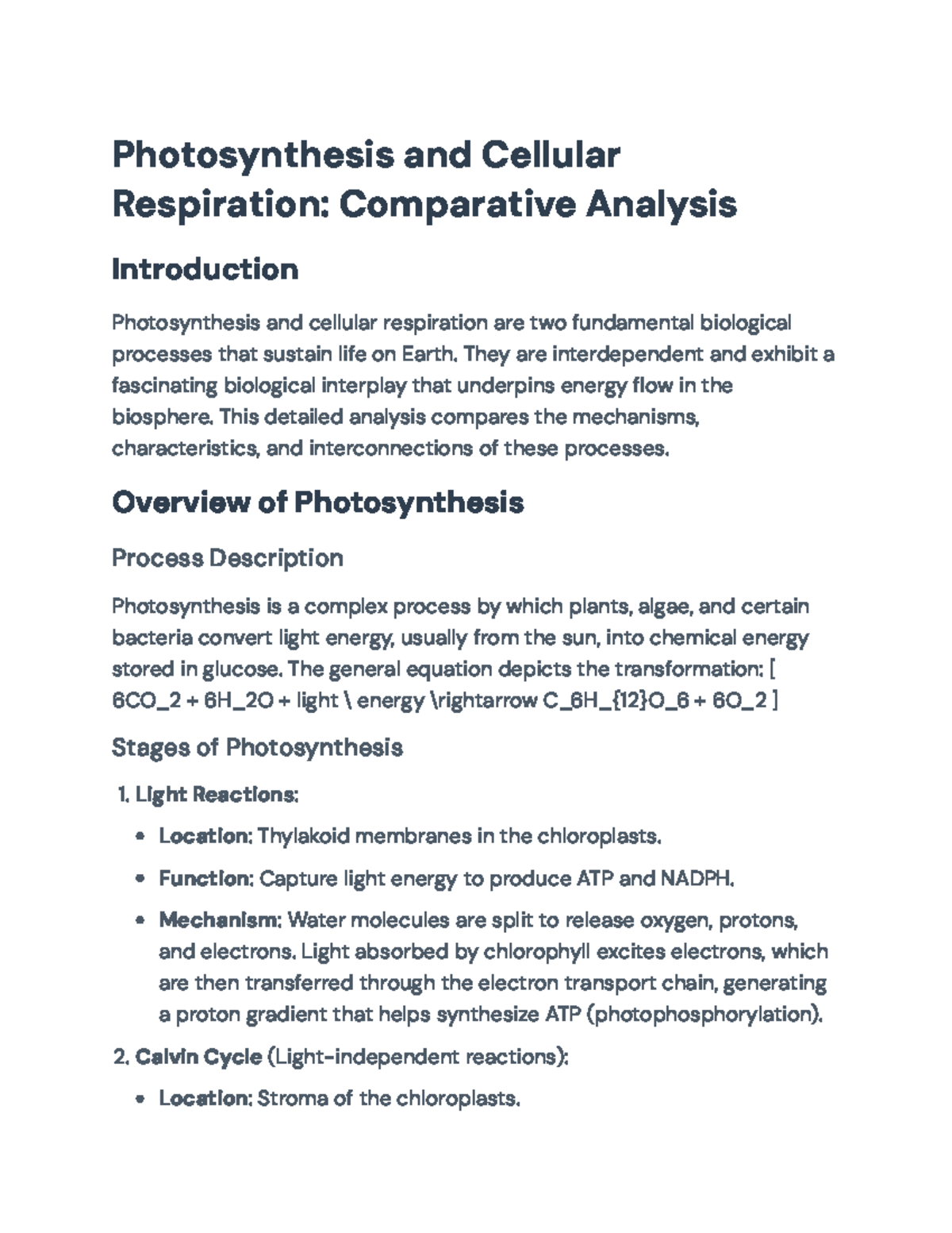 Comparative Analysis of Photosynthesis and Cellular Respiration ...