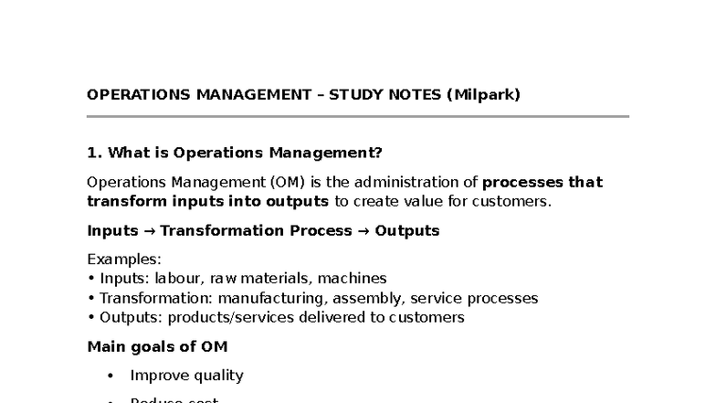 Operations Management Study Notes (Milpark) - Studocu