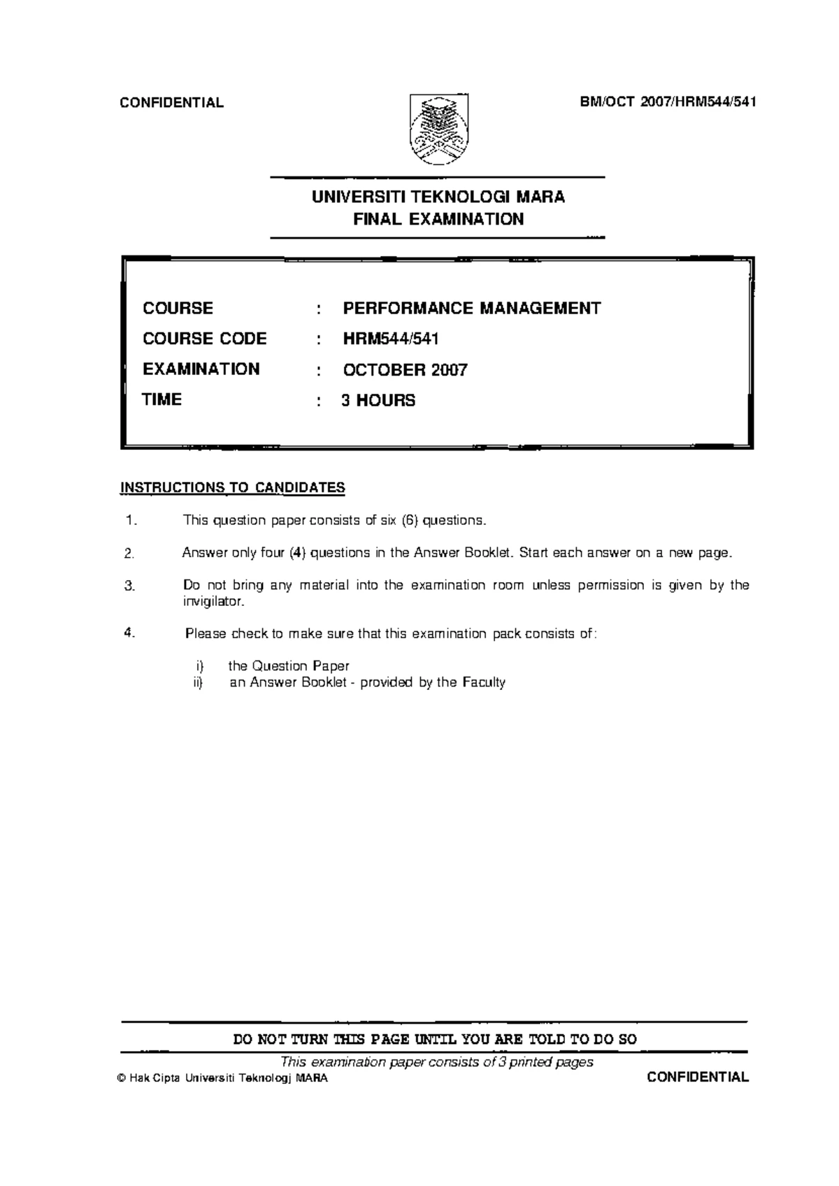 HRM544 Final Exam Paper: Performance Management - April 2008 - Studocu