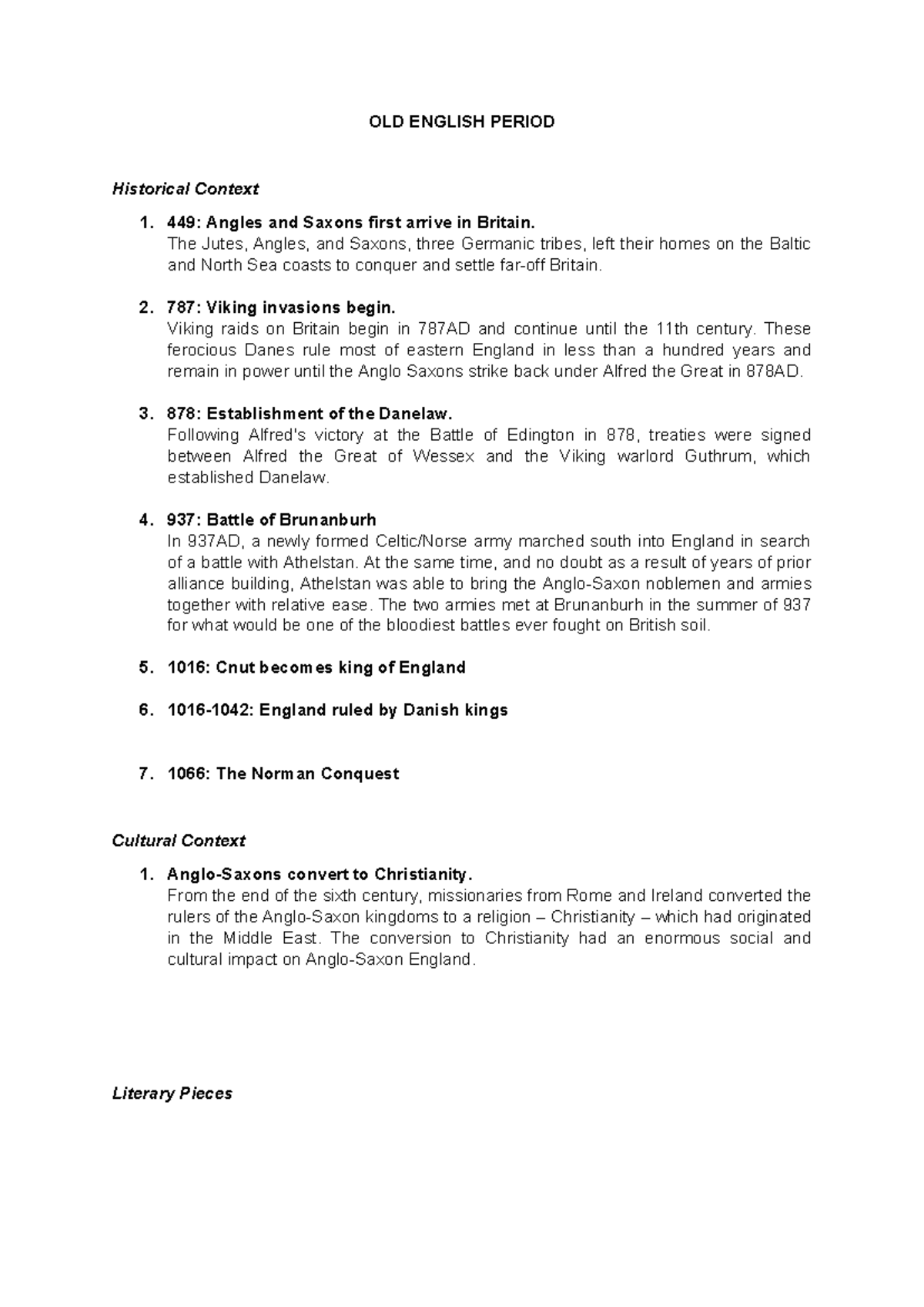 OLD ENGLISH PERIOD: Historical Context & Literary Overview - Studocu
