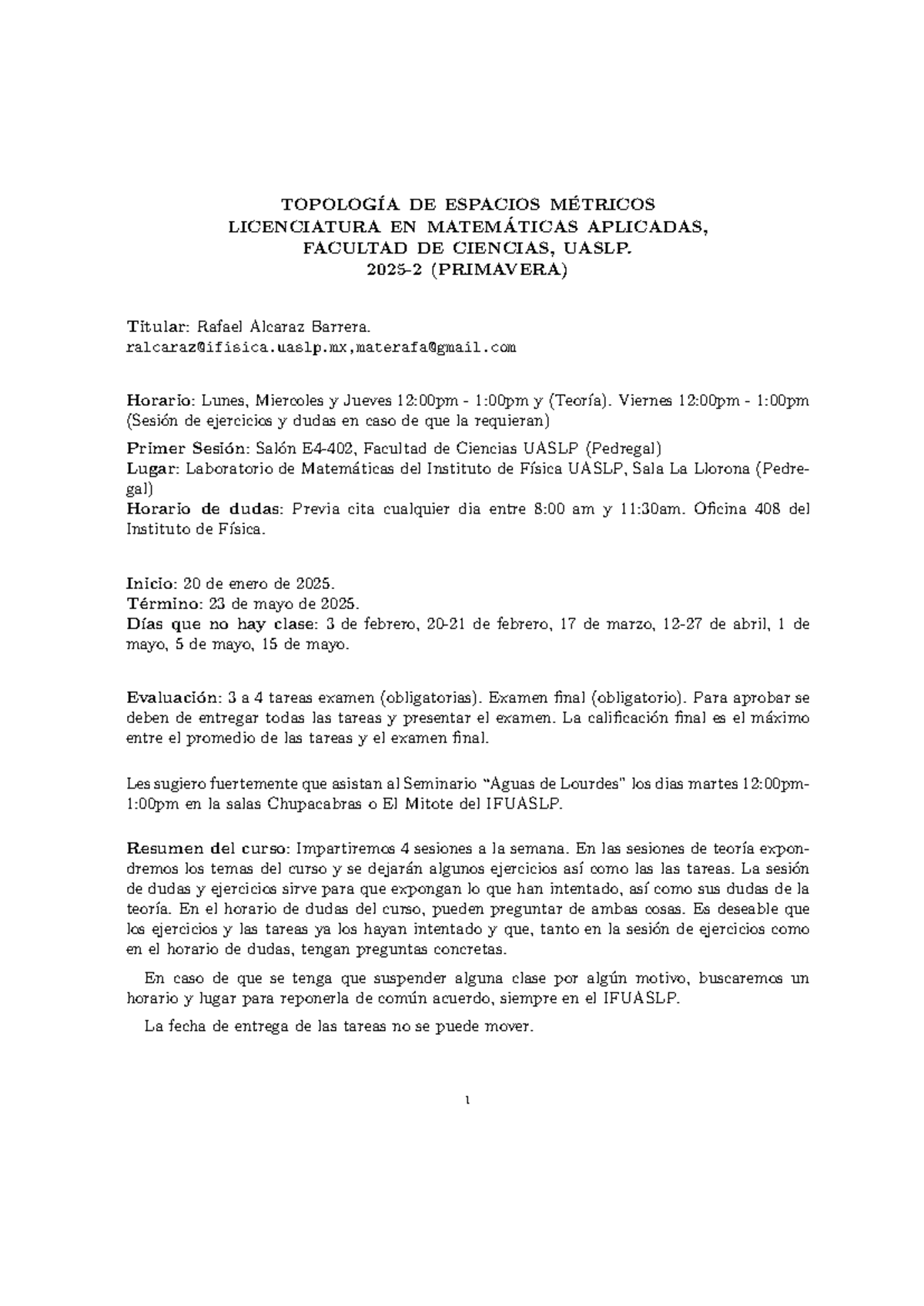 Topología Temario - TOPOLOG ́IA DE ESPACIOS M ́ETRICOS LICENCIATURA EN ...