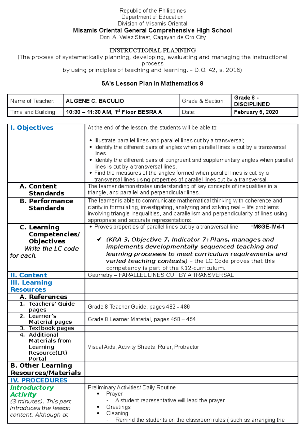 5A'S Lesson PLAN ON Parallel Lines CUT BY A Transversallll - Republic ...