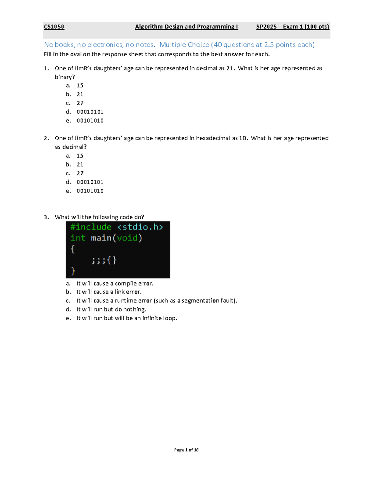 CS1050 SP2025 Final Exam: MC Questions on Algorithm Design & Programming - Studocu