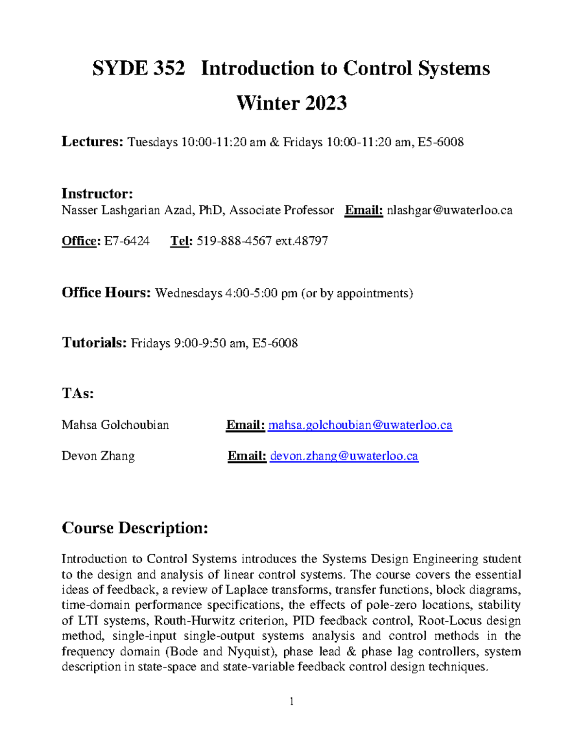 SYDE 352 Winter 2023 Syllabus: Introduction to Control Systems - Studocu