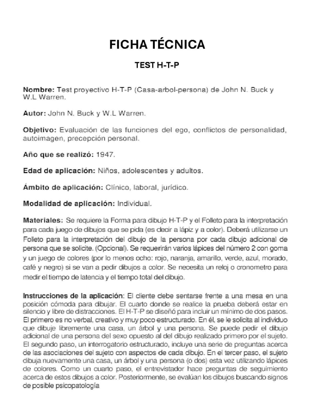 Ficha técnica H-T-P - FICHA TÉCNICA TEST Nombre: Test proyectivo de ...