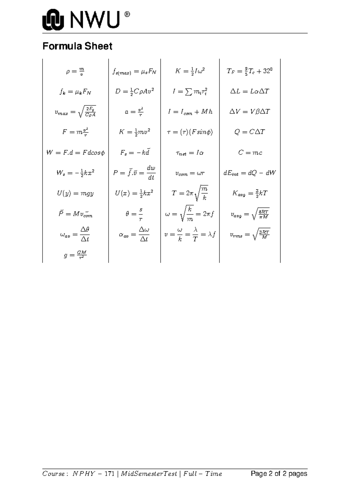 N P HY − 171 | Midterm Test | Standard Formula Sheet - Studocu